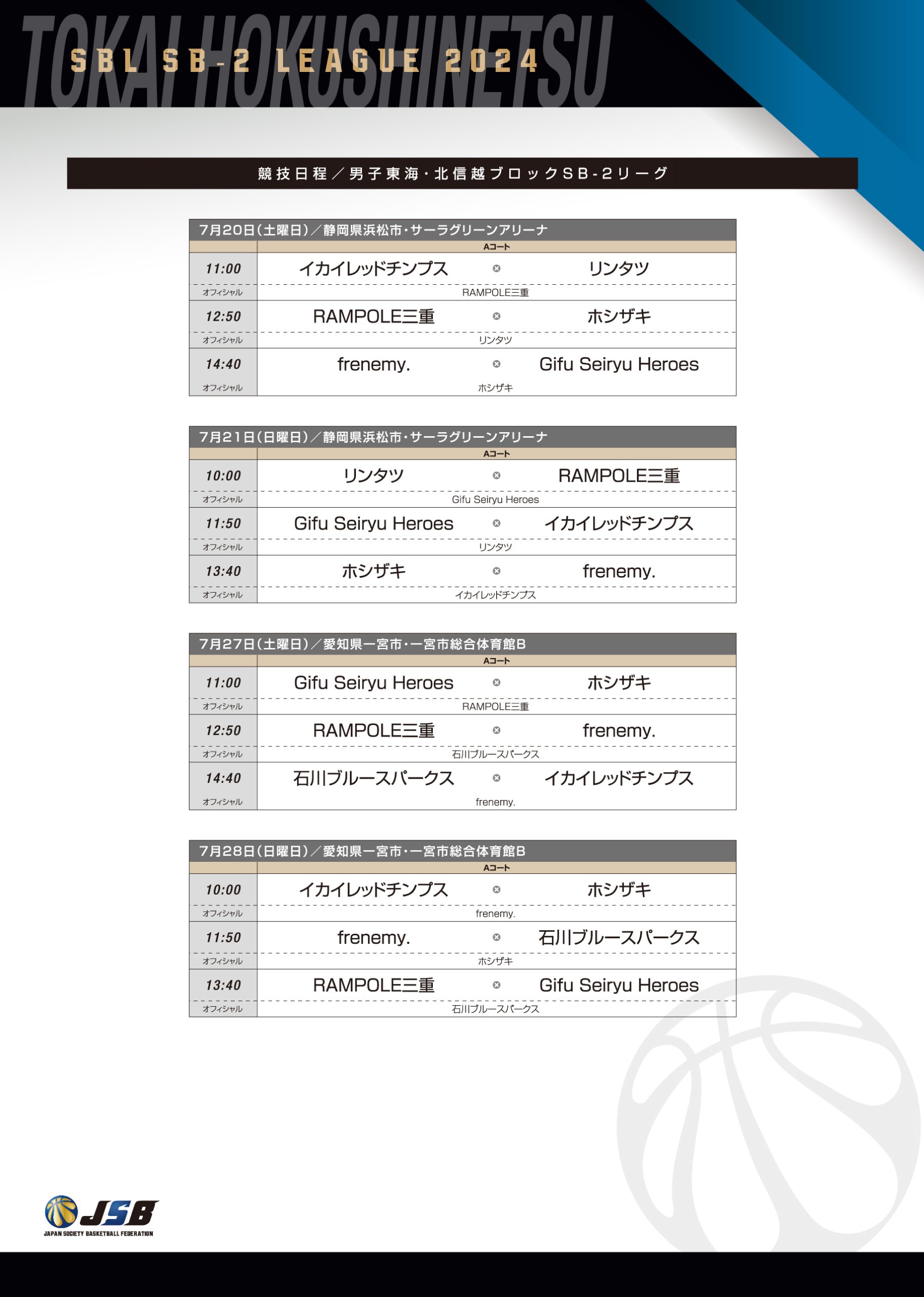 男子東海 ・ 北信越SB2リーグ | スケジュール | 一般社団法人日本社会人バスケットボール連盟／SBL公式サイト